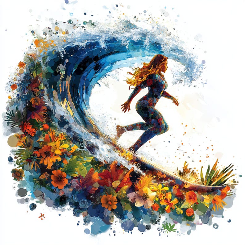 Surfing Girl With Flowers Clipart: Summer Digital Images (commercial ...