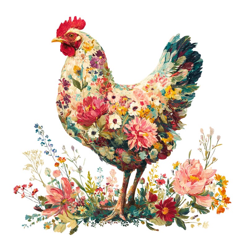 12 Watercolor Floral Chicken Clipart: Farm Animal PNG (digital Download ...