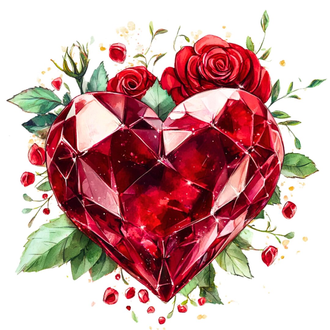 15 Ruby Crystall Heart With Red Roses Valentine's Day PNG, Love Heart ...