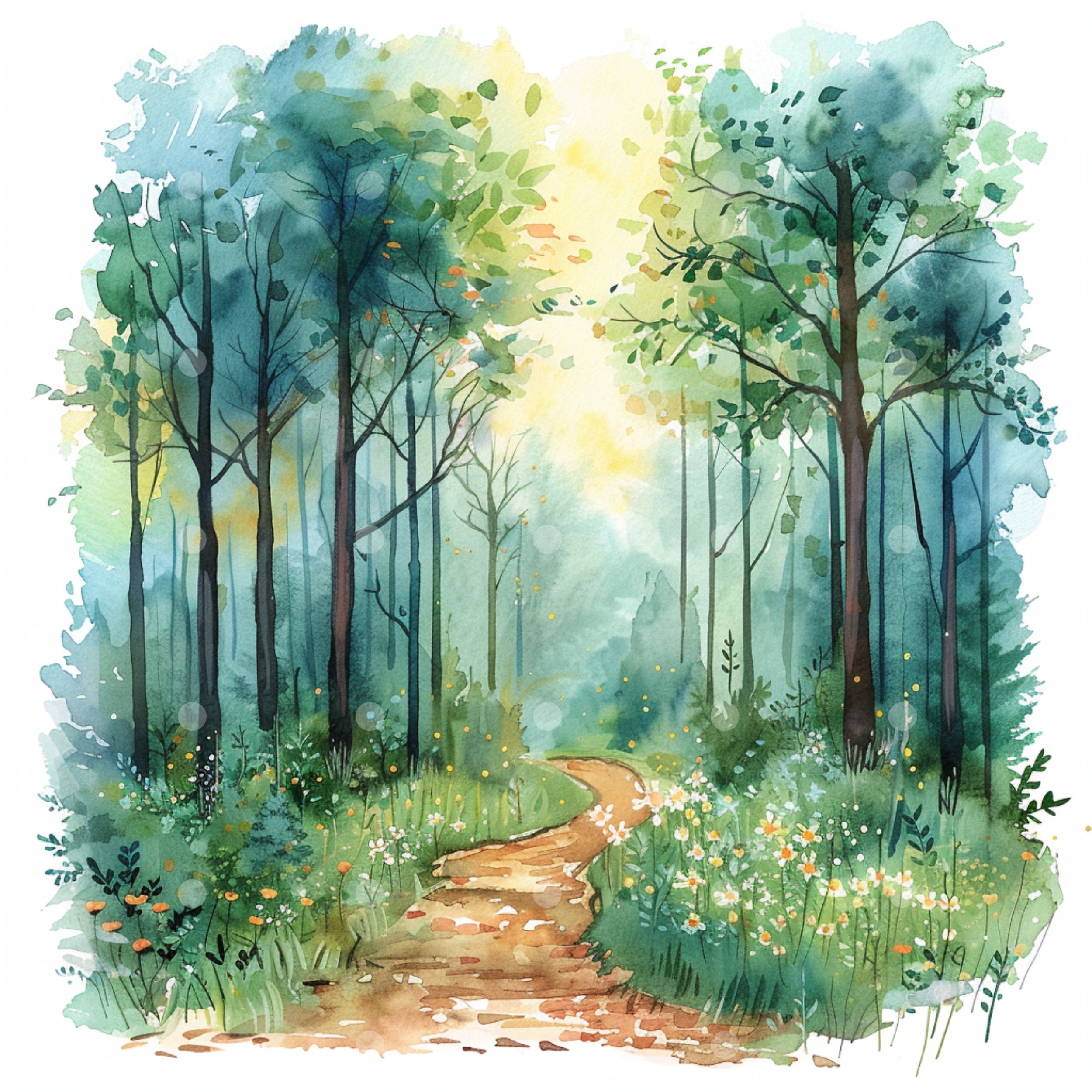 12 Green Forest Path Clipart, JPG, Watercolor Forest Path, Printable ...