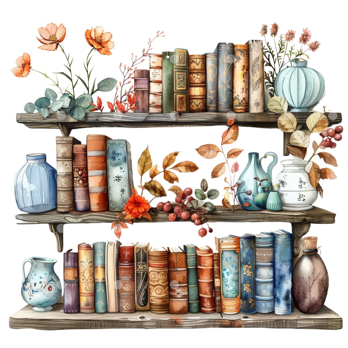 20 Bookshelf With Flowers Cliparts, PNG Clipart. Watercolor Bookshelf ...