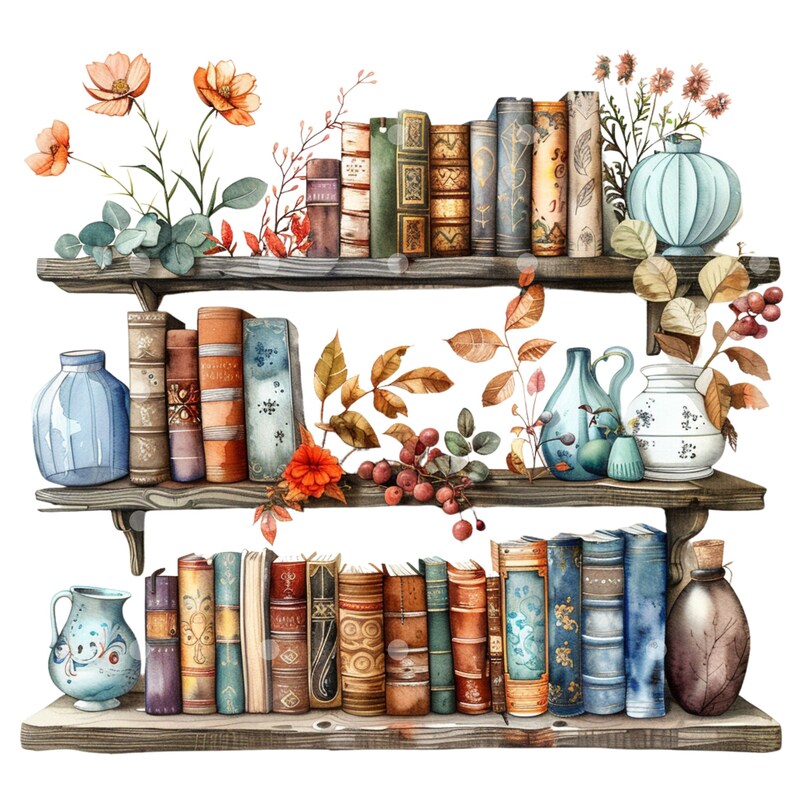 Watercolor Bookshelf Clipart: Floral PNG Images (digital Download ...