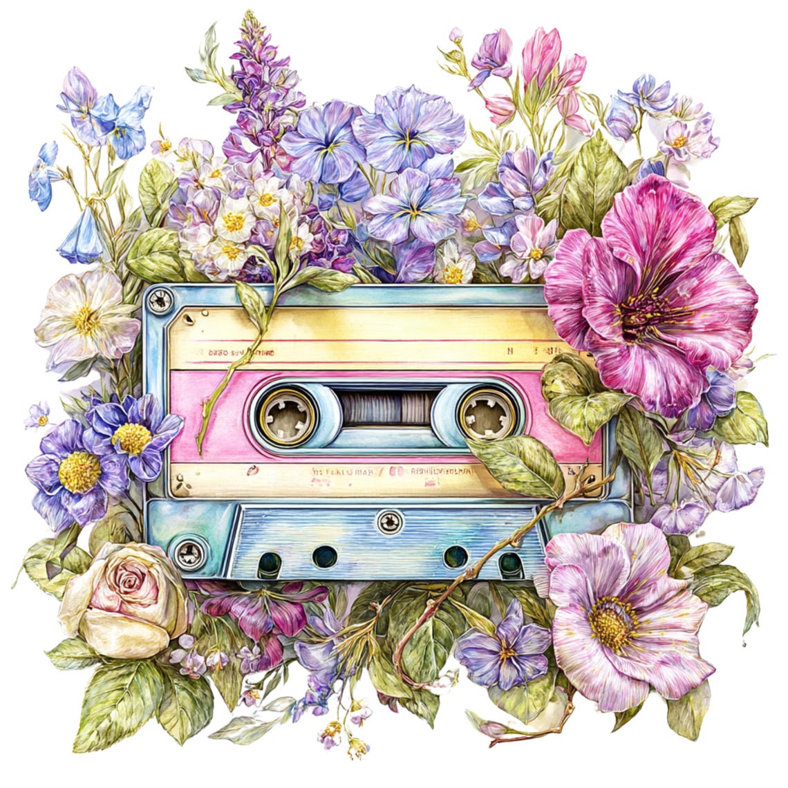 Floral Cassette Clipart: Vintage Watercolor Music Tape PNG (digital ...