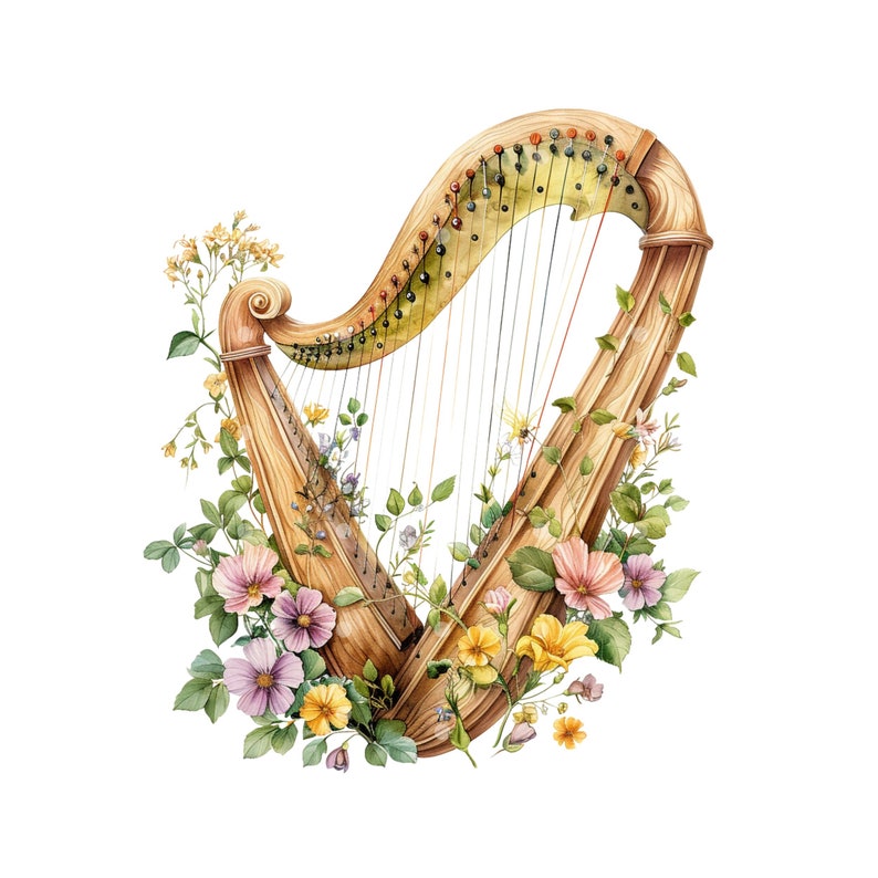 12 Floral Harp Clipart, PNG, Harp With Flowers Png, Printable ...