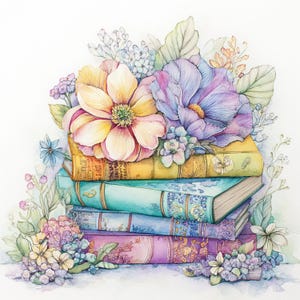 Watercolor Floral Book Stack Clipart: Pastel Vintage Library Art (PNG ...