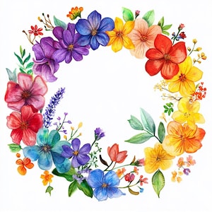 Rainbow Floral Frame Clipart: Colorful Flower Borders (PNG, Digital ...