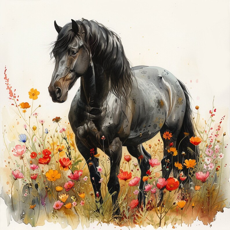 Black Horse Watercolor Clipart: Polished Horses Art (digital Download ...