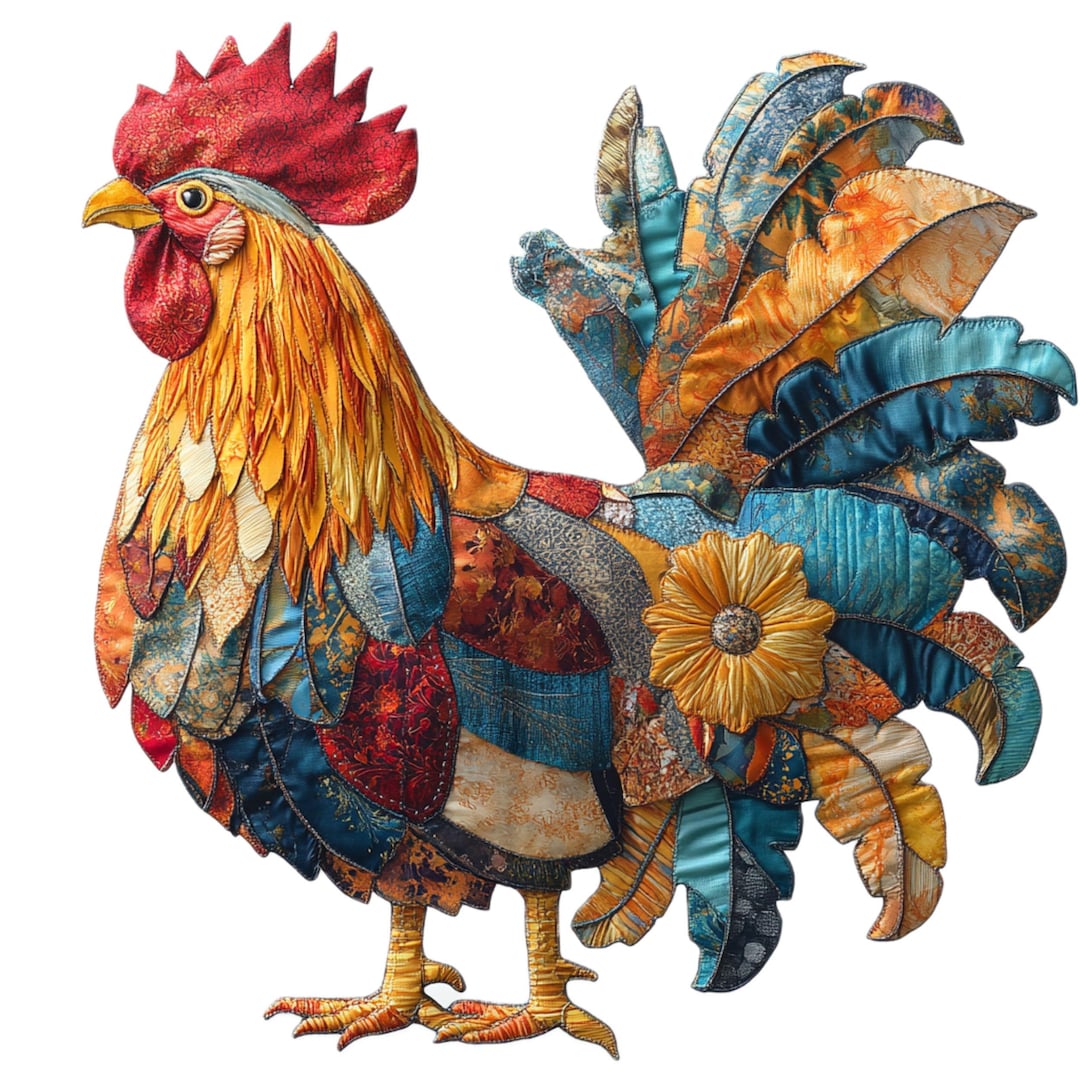 10 PATCHWORK ROOSTER and FLOWERS Digital Image, Patchwork Rooster Cliipart, Patchwork Rooster ...