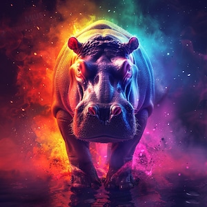 Neon Hippopotamus Clipart Bundle: Rainbow Watercolor Hippo (JPG Digital ...