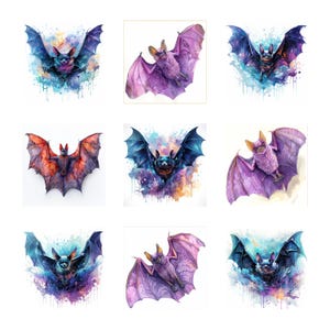 12 Bat Neon Clipart, Bat Clip Art Wall Art, Watercolor Bat Clipart ...