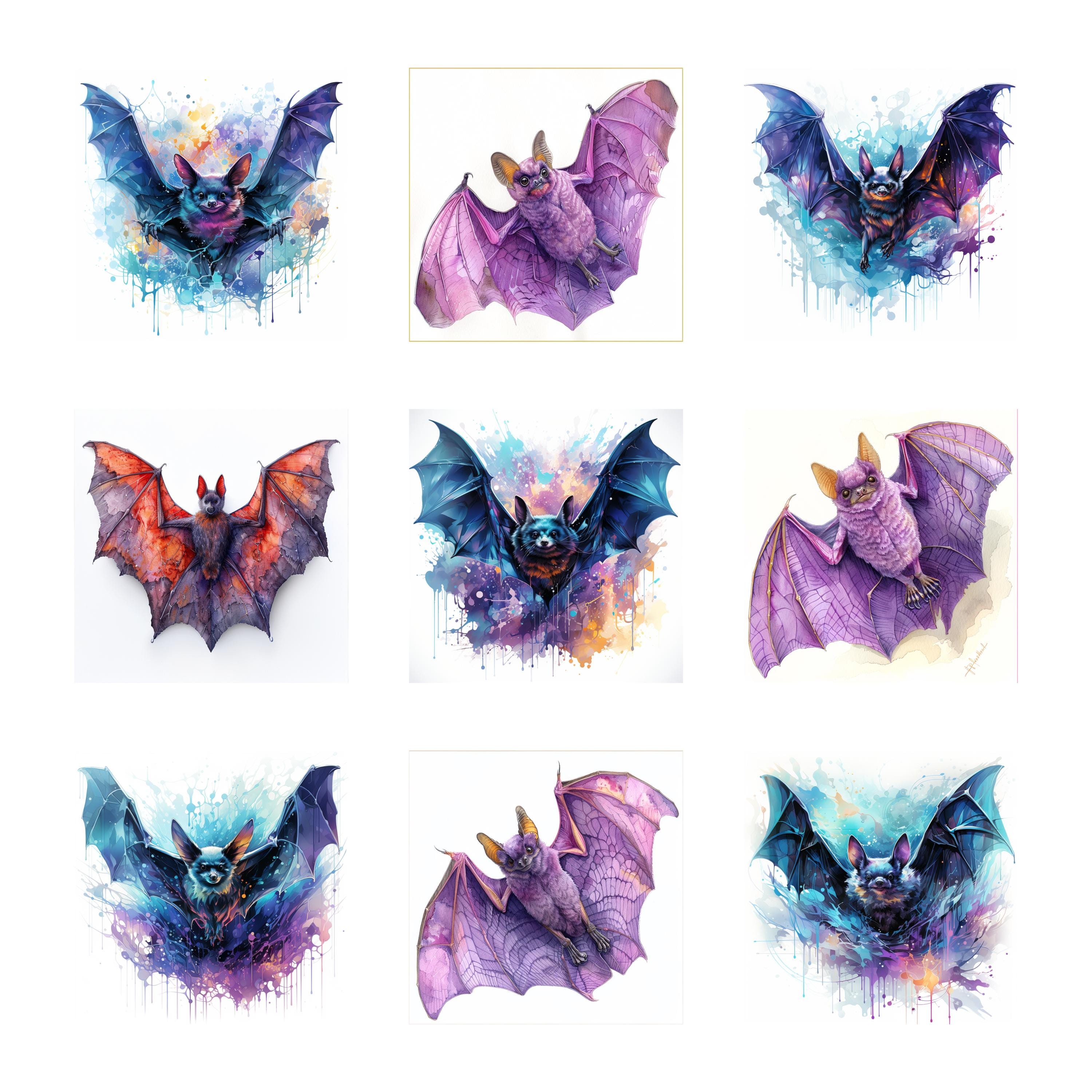 12 Bat Neon Clipart, Bat Clip Art Wall Art, Watercolor Bat Clipart ...