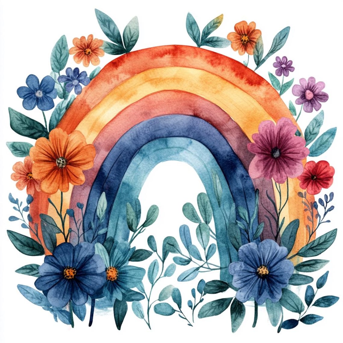 Watercolor Rainbow Flowers Clipart: Floral Art, JPG (digital Download ...