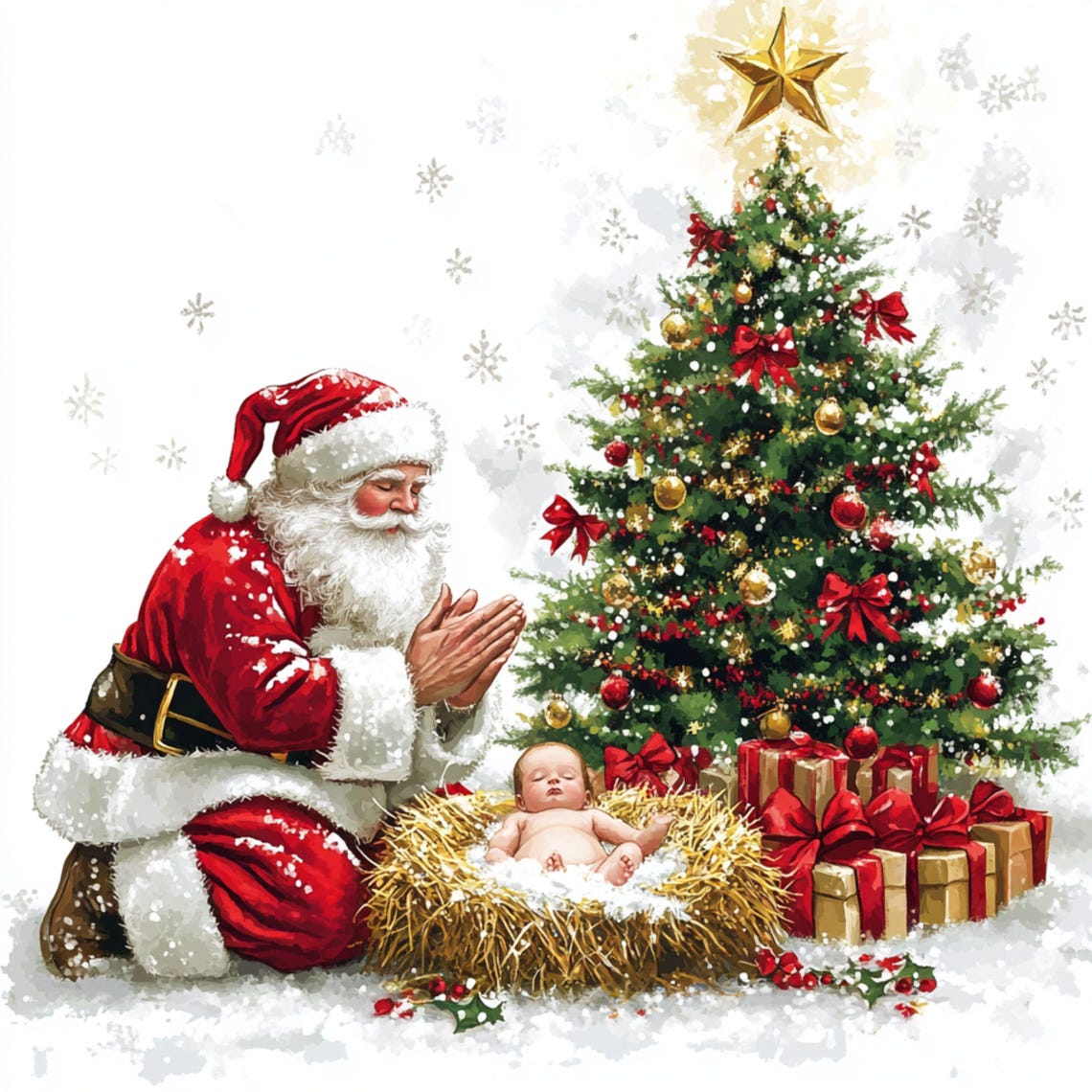 Santa Praying Over Baby Jesus: Watercolor Christmas Clipart (digital ...