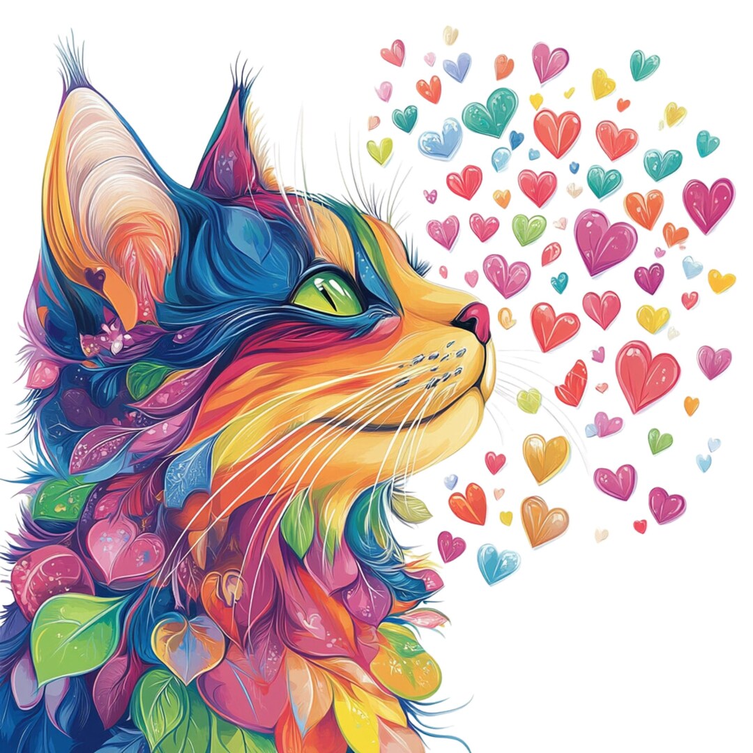 12 PNG Rainbow Cat Hearts Valentine’s Day Clipart, Cute Cat Love ...