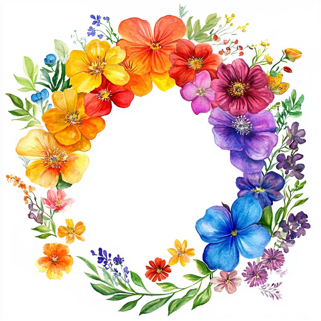 Rainbow Floral Frame Clipart: Colorful Flower Borders (PNG, Digital ...