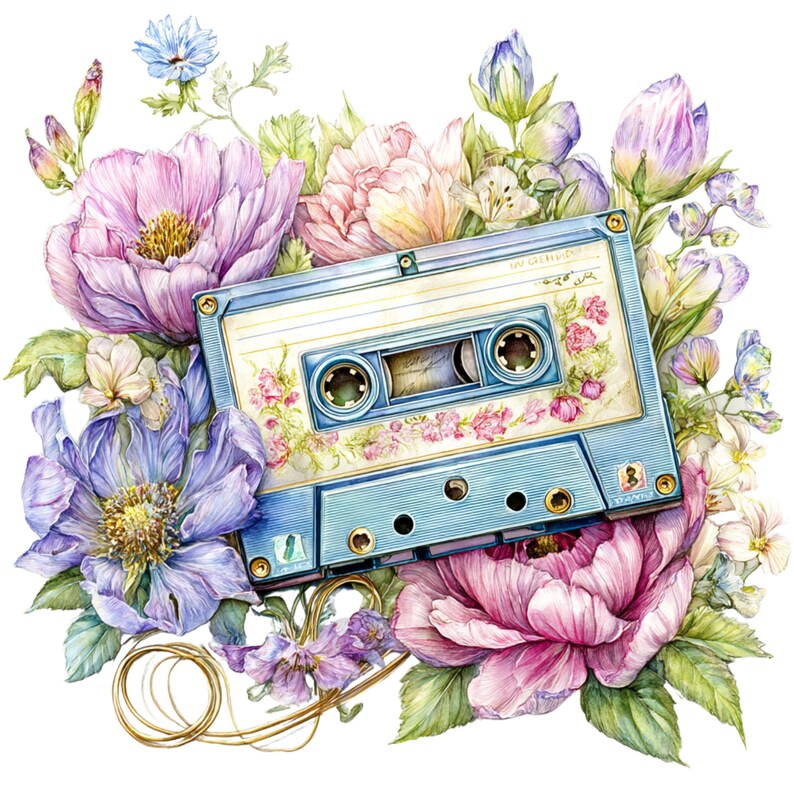 Floral Cassette Clipart: Vintage Watercolor Music Tape PNG (digital ...