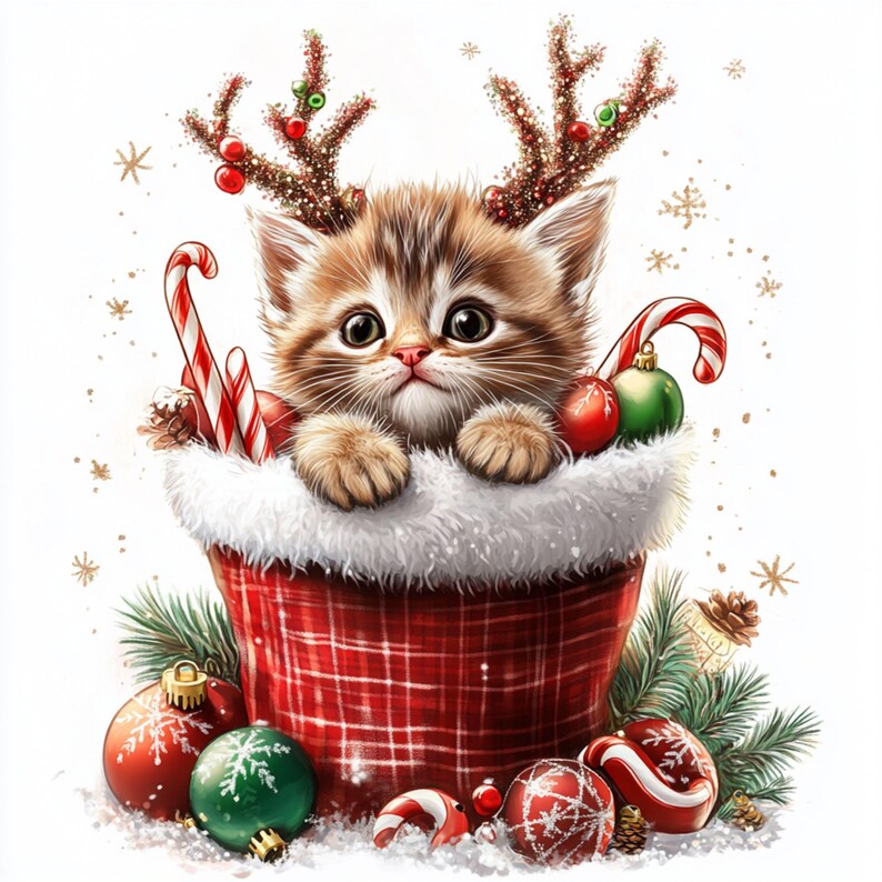 Christmas Kitty Clipart: Festive Holiday Kitten Deer (digital Images ...
