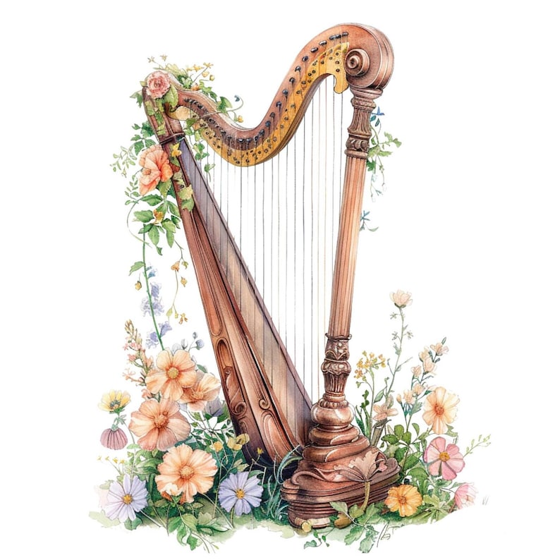 12 Floral Harp Clipart, PNG, Harp With Flowers Png, Printable ...