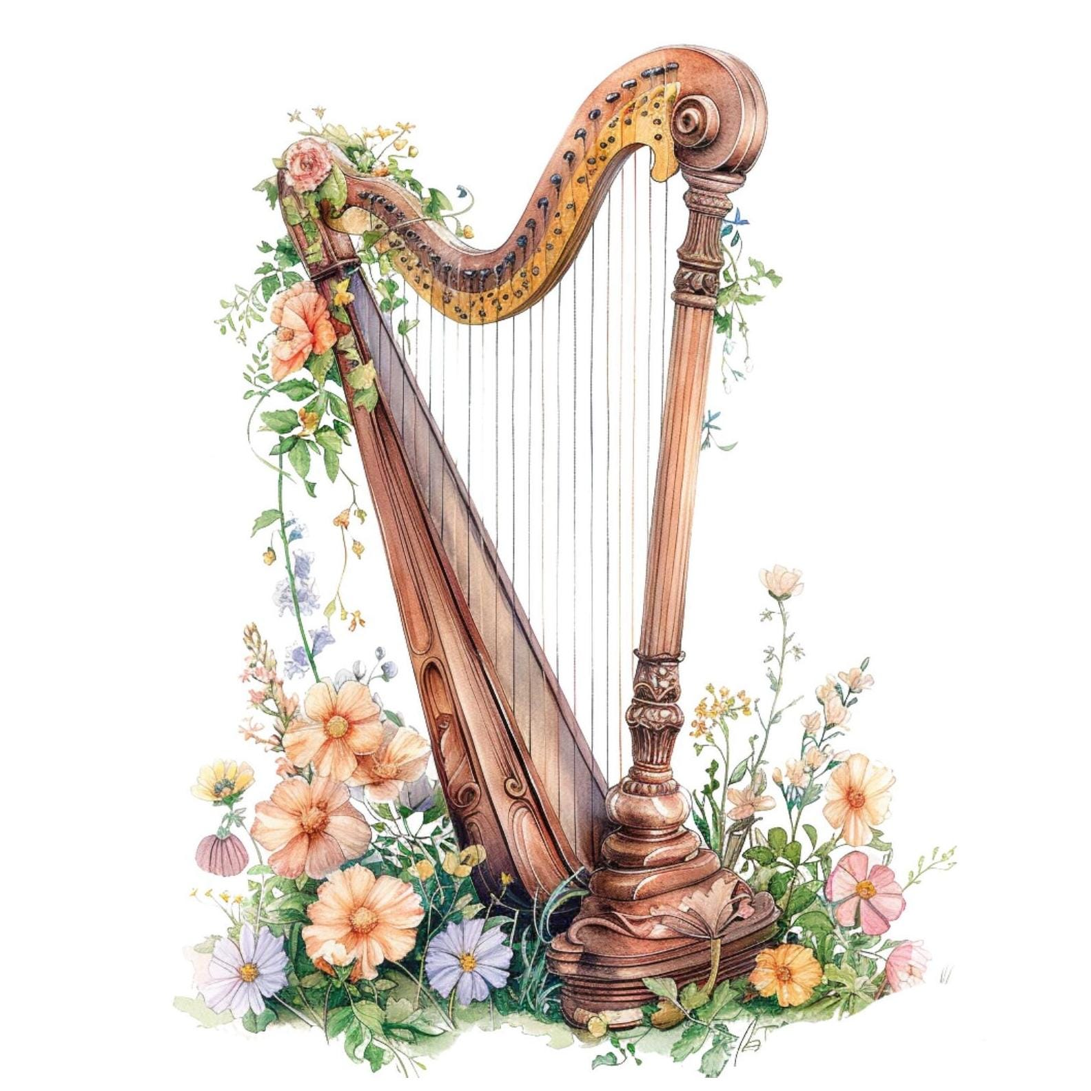 12 Floral Harp Clipart, PNG, Harp With Flowers Png, Printable ...