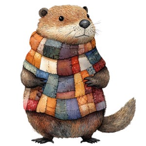 12 BEAVER in a PATCHWORK SCARF Digital Image, Beaver Png Illustration ...