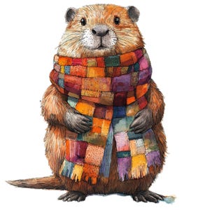 12 BEAVER in a PATCHWORK SCARF Digital Image, Beaver Png Illustration ...