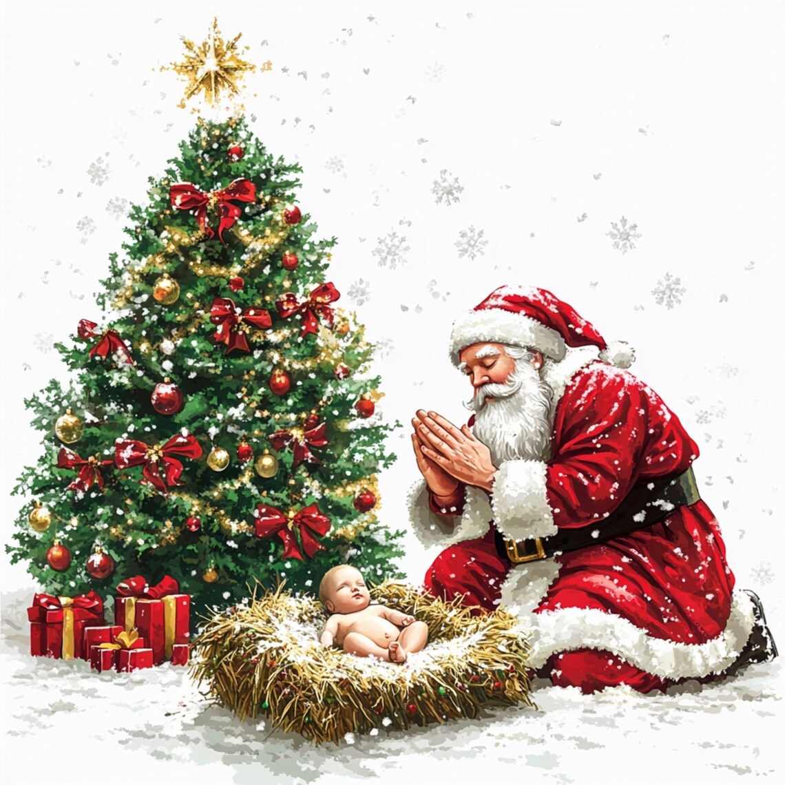 Santa Praying Over Baby Jesus: Watercolor Christmas Clipart (digital ...