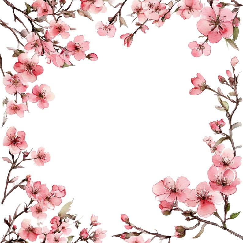 Watercolor Sakura Branch Frames Clipart: Pink Cherry Blossom PNG ...