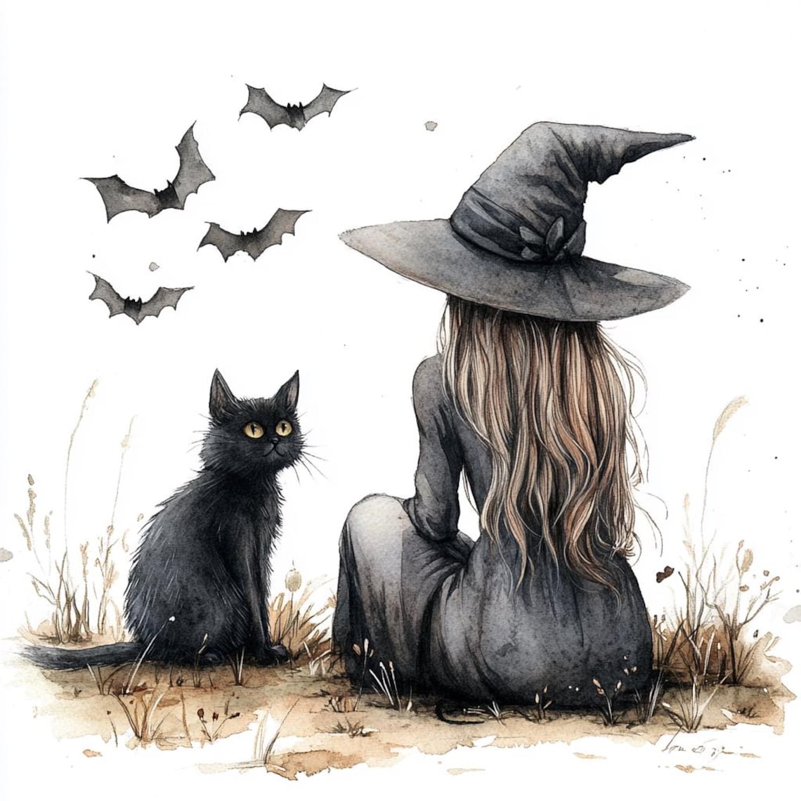 10 Witches Black Cat Clipart, JPG, Watercolor Halloween Illustrations ...