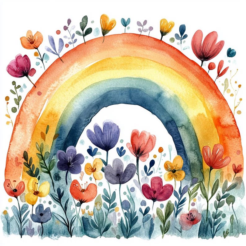Watercolor Rainbow Flowers Clipart: Floral Art, JPG (digital Download ...