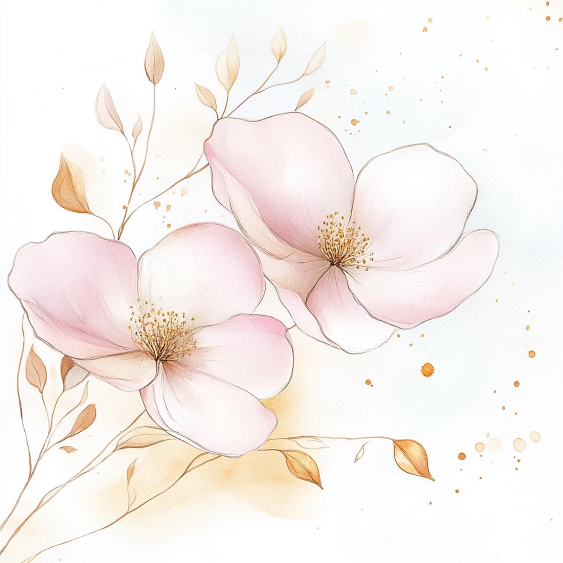 Pink Gold Watercolor Flowers Clipart: Pastel Floral Graphics (digital ...