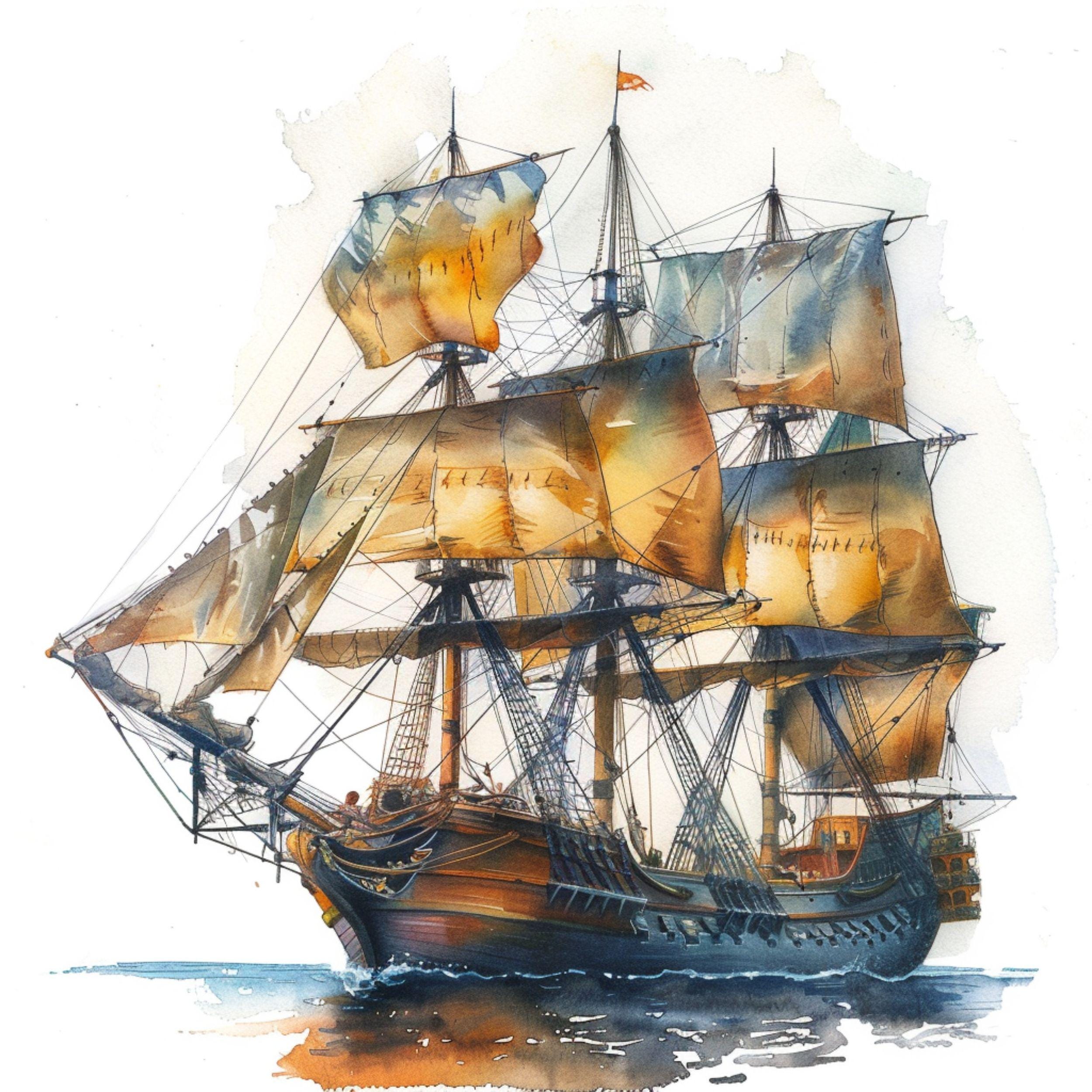 18th Century Ship Cliparts: Watercolor Nautical Images (digital ...