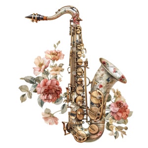 12 Floral Saxophone Clipart, PNG, Saxophone With Flowers Png, Printable ...