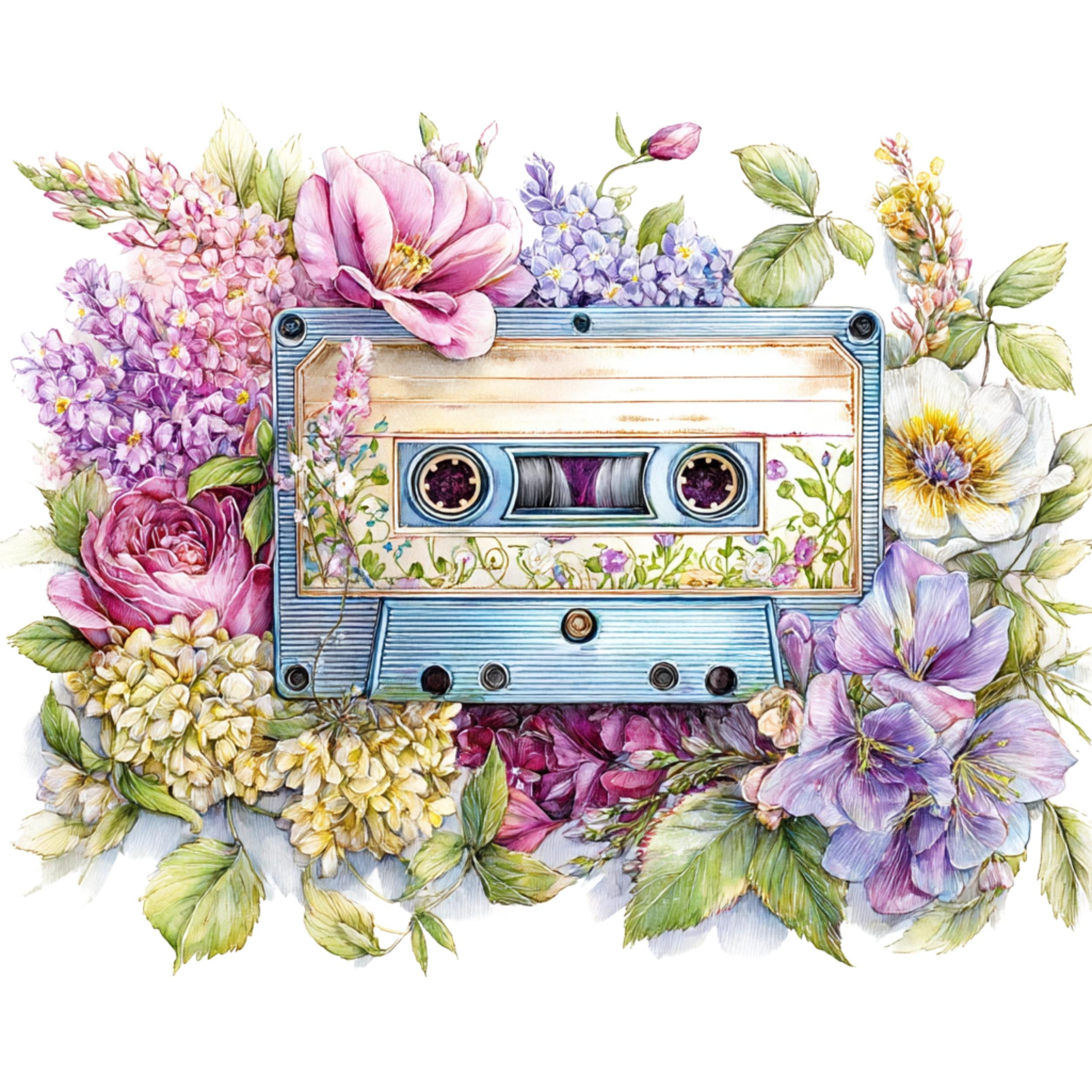 Floral Cassette Clipart: Vintage Watercolor Music Tape PNG (digital ...