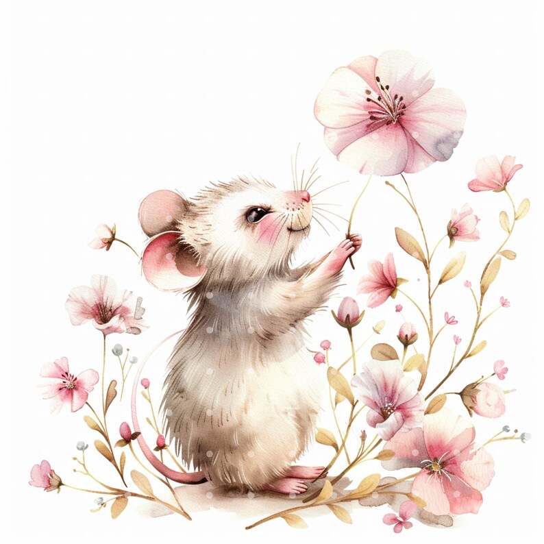 18 Little Mouse, Cute Flower, Clipart, Printable Watercolor Clipart, 18 ...
