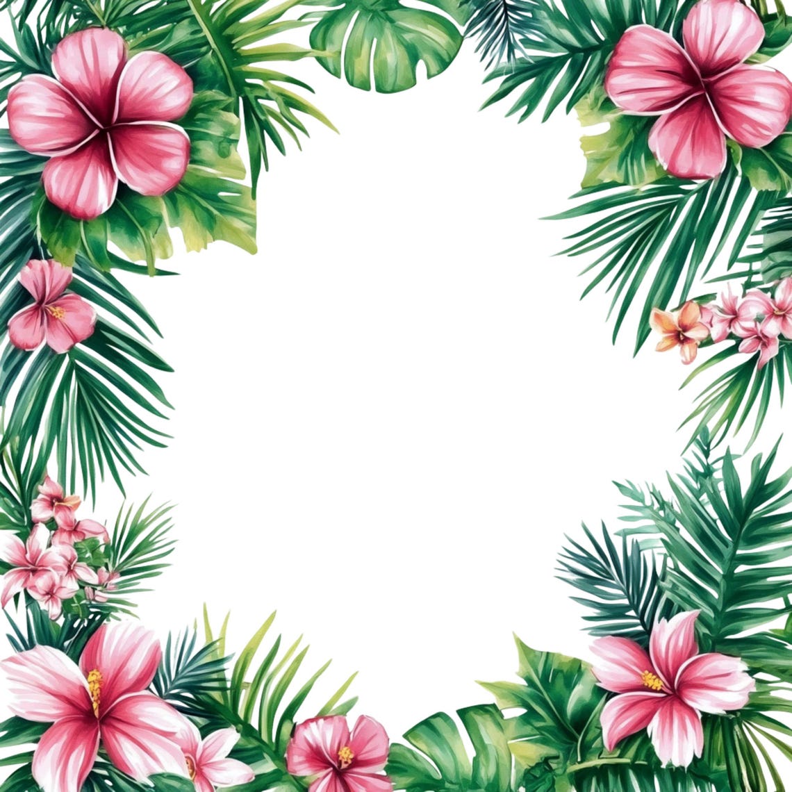 Tropical Watercolor Flower Frames Clipart: Hibiscus PNG (digital ...
