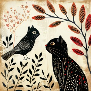 Cat and Bird Cliparts: Playful Feline Graphics (JPG Digital Download ...