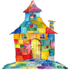 Cozy Patchwork House Clipart: Watercolor Cartoon PNG (digital Download ...