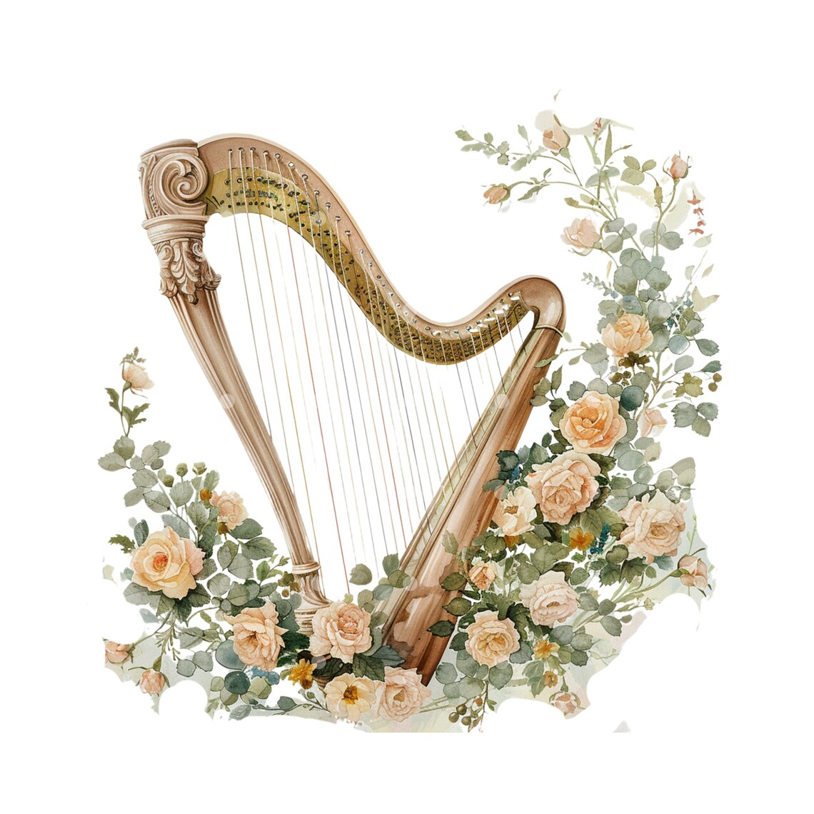 12 Floral Harp Clipart, PNG, Harp With Flowers Png, Printable ...