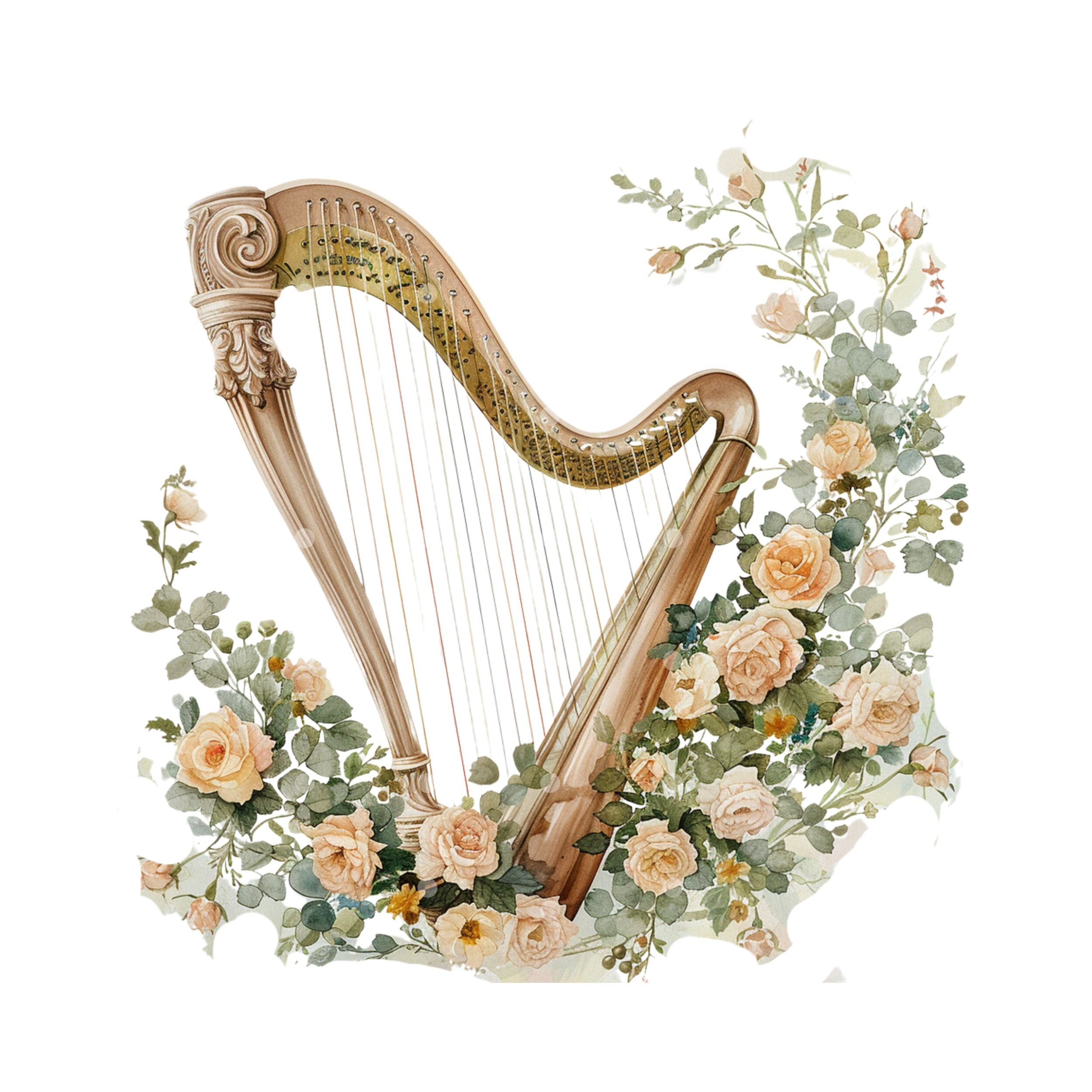 12 Floral Harp Clipart, PNG, Harp With Flowers Png, Printable ...