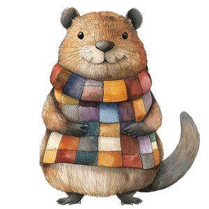 12 BEAVER in a PATCHWORK SCARF Digital Image, Beaver Png Illustration ...