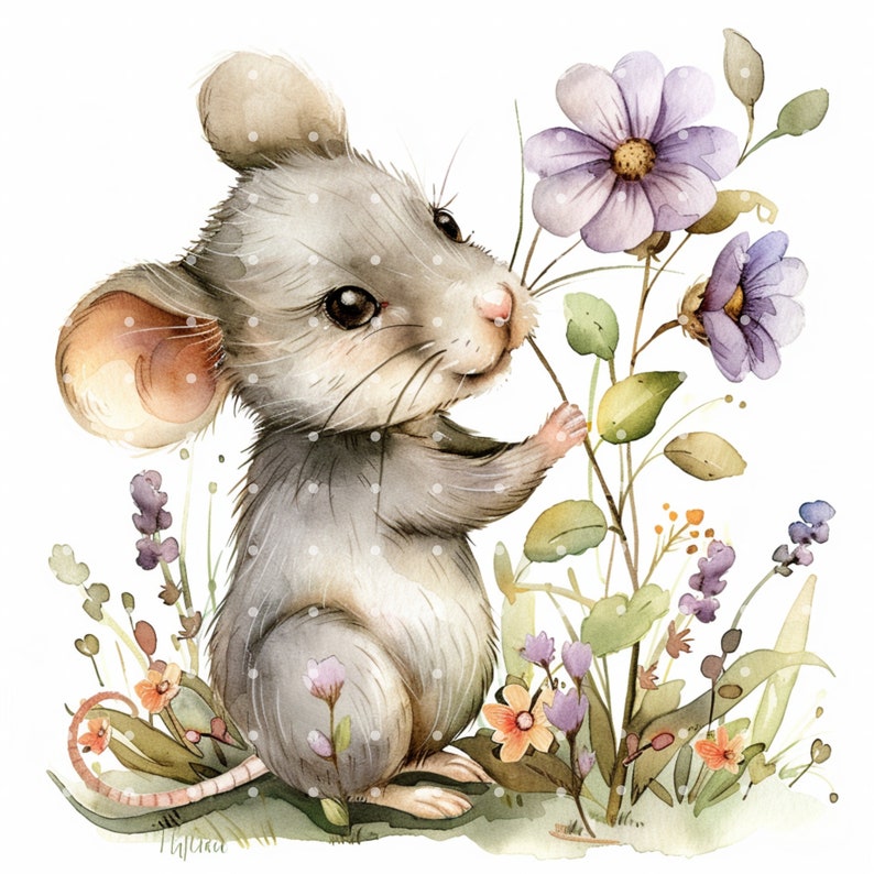 18 Little Mouse, Cute Flower, Clipart, Printable Watercolor Clipart, 18 ...