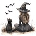 10 Witches Black Cat Clipart, JPG, Watercolor Halloween Illustrations ...