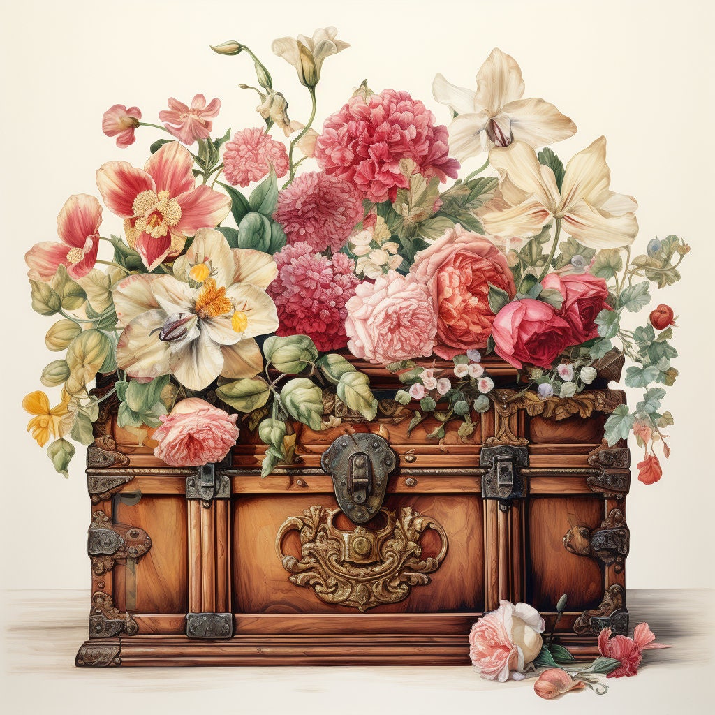 10 Vintage Chest Flowers Clipart, Old Floral Chest Clipart, Flowers ...