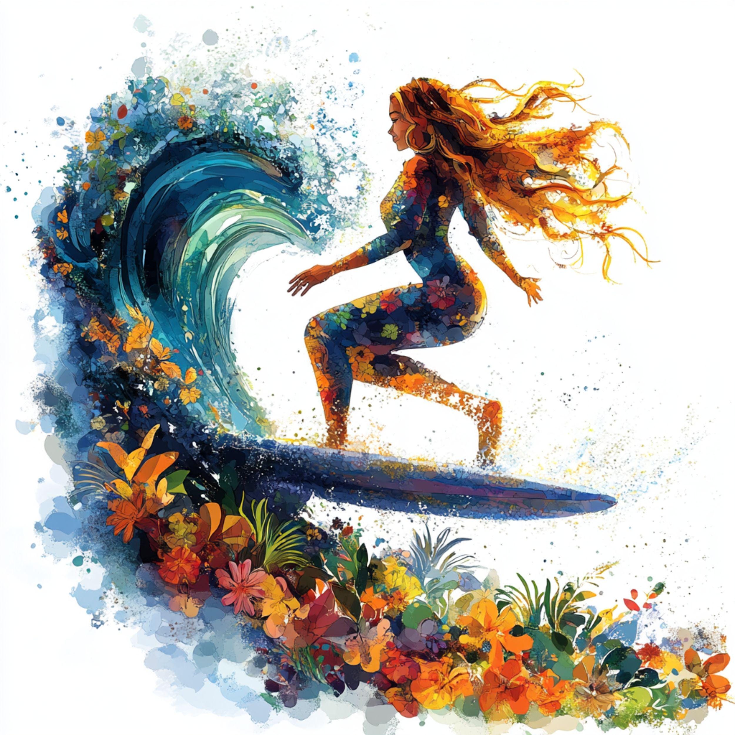 Surfing Girl With Flowers Clipart: Summer Digital Images (commercial ...