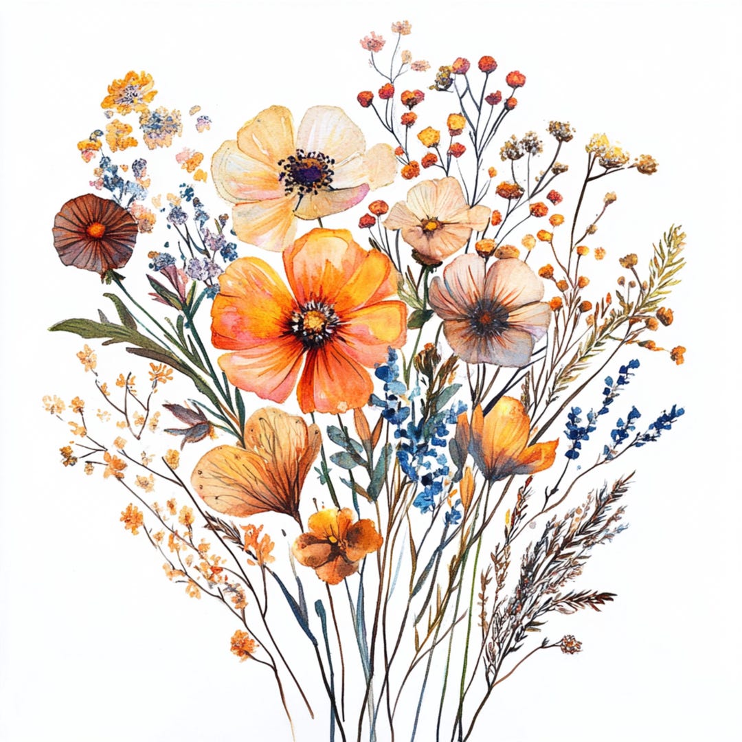 12 Boho Floral Art, Boho Bouquet Clipart, Transparent Flowers ...