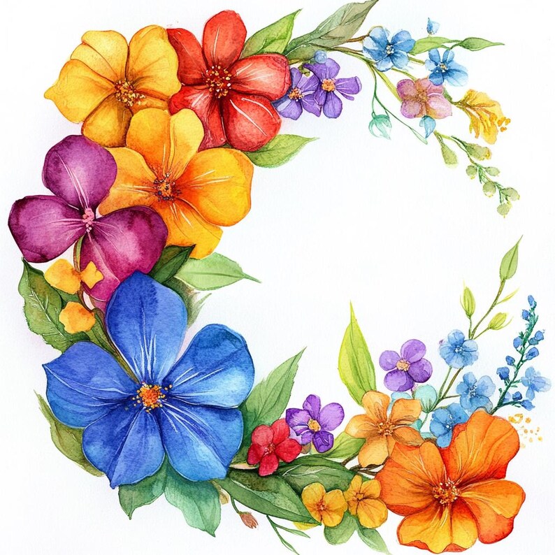 Rainbow Floral Frame Clipart: Colorful Flower Borders (PNG, Digital ...