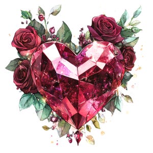 15 Ruby Crystall Heart With Red Roses Valentine's Day PNG, Love Heart ...