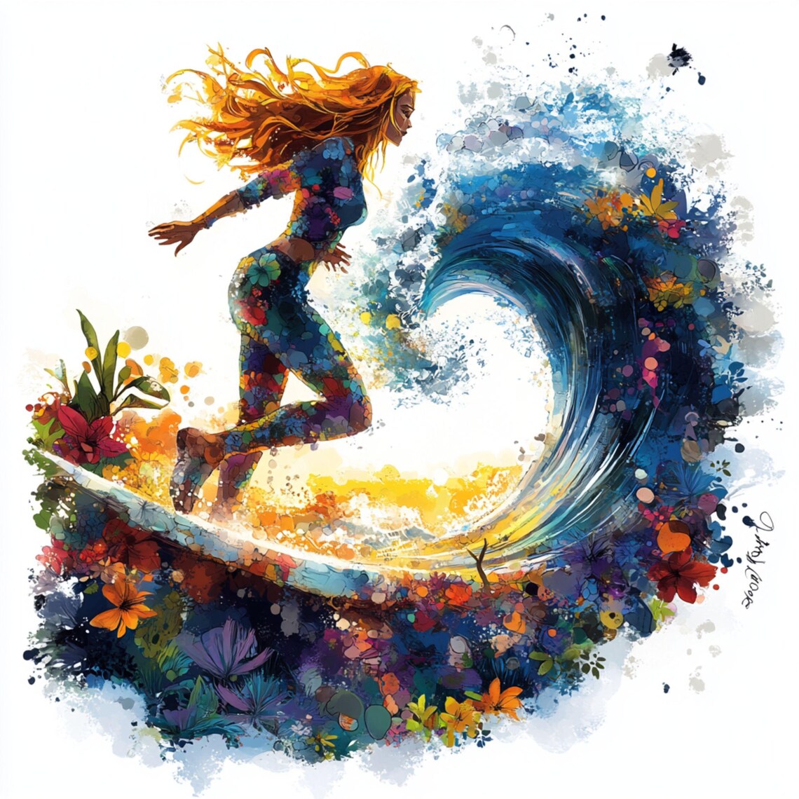 Surfing Girl With Flowers Clipart: Summer Digital Images (commercial ...