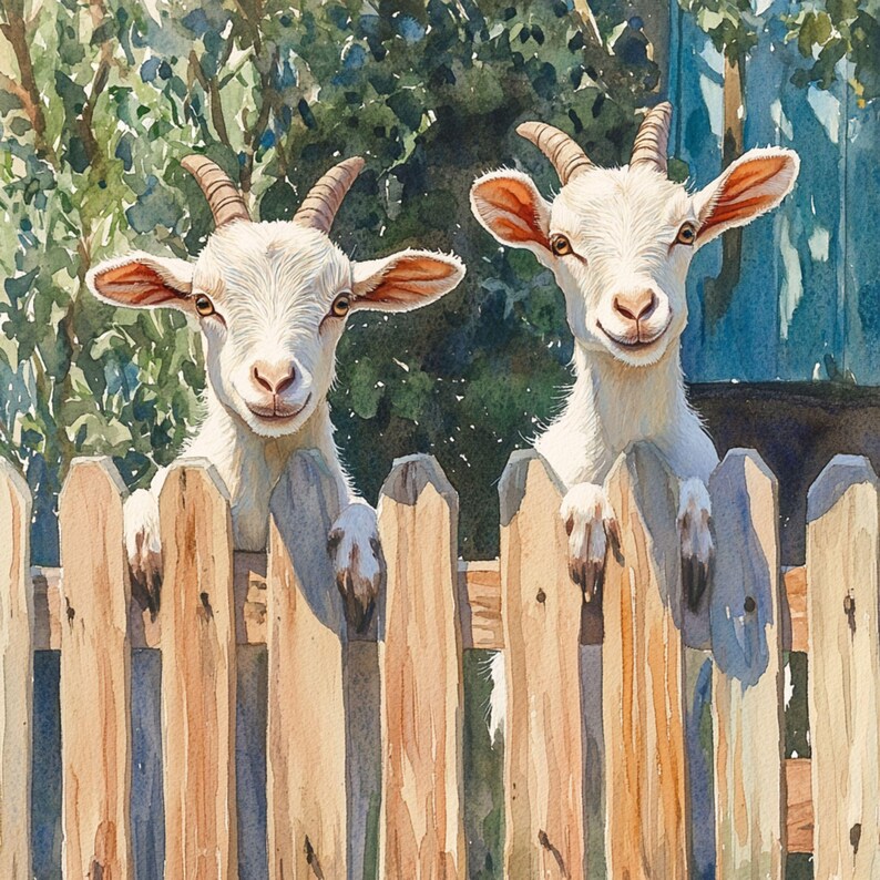 Goats on a Fence Clipart: Farm Animal Illustrations (JPG), Spring ...