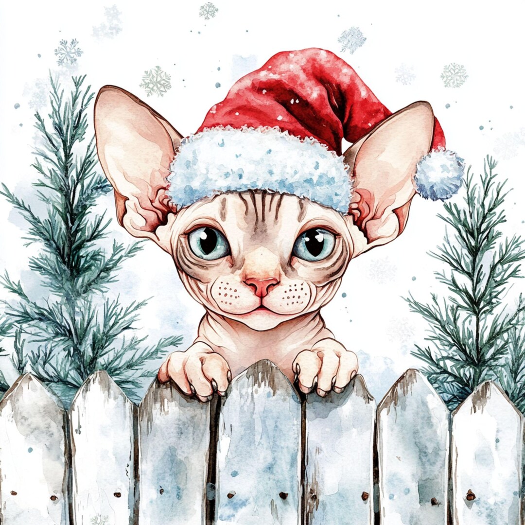 12 CHRISTMAS SPHYNX CAT Digital Image, Cute Sphynx Cat Illustartion ...